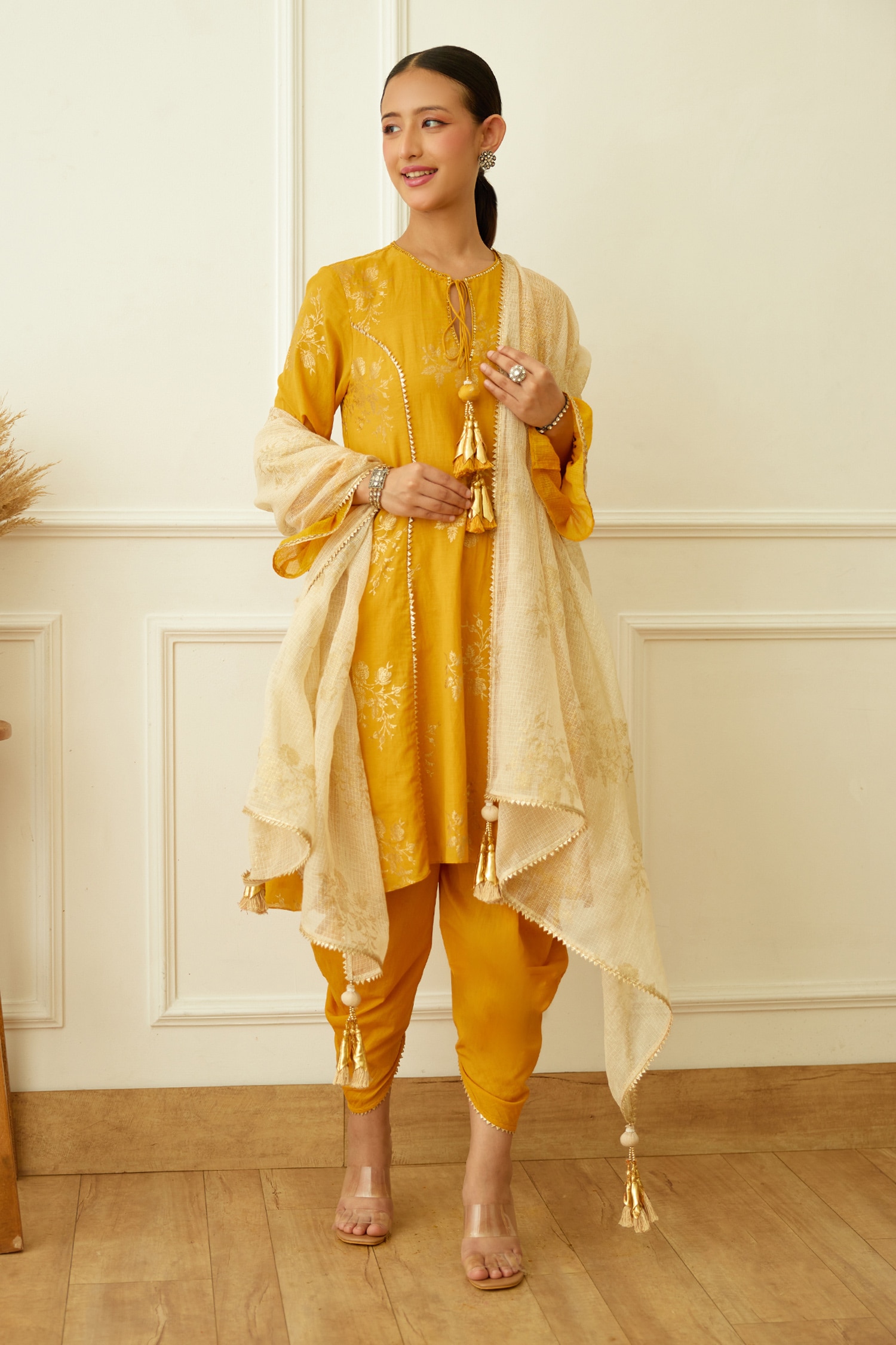 Buy Yellow Cotton Silk Printed Floral Keyhole Foil Kurta Dhoti Pant Set For Women by Nikasha ...
