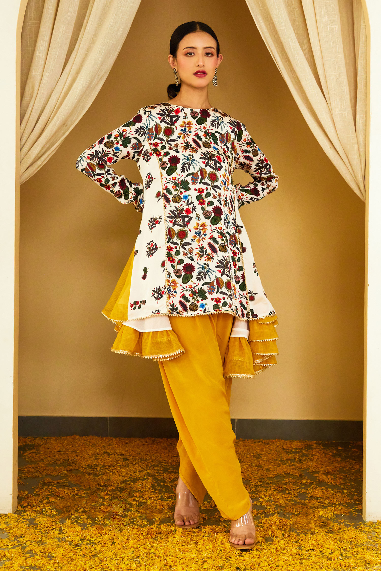 Buy Nikasha Ivory Handwoven Kota Doriya Blossom Print Asymmetric Kurta ...