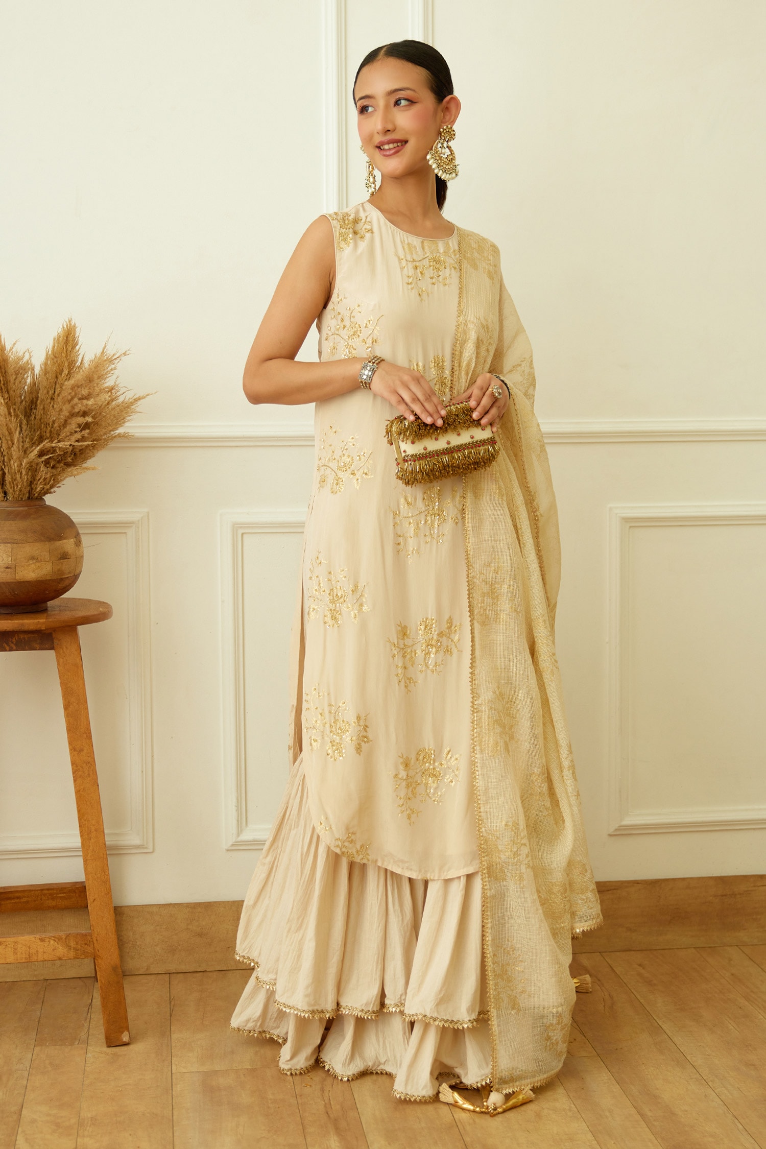 Buy Nikasha Off White Viscose Crepe Blossom Print Kurta Sharara Set ...