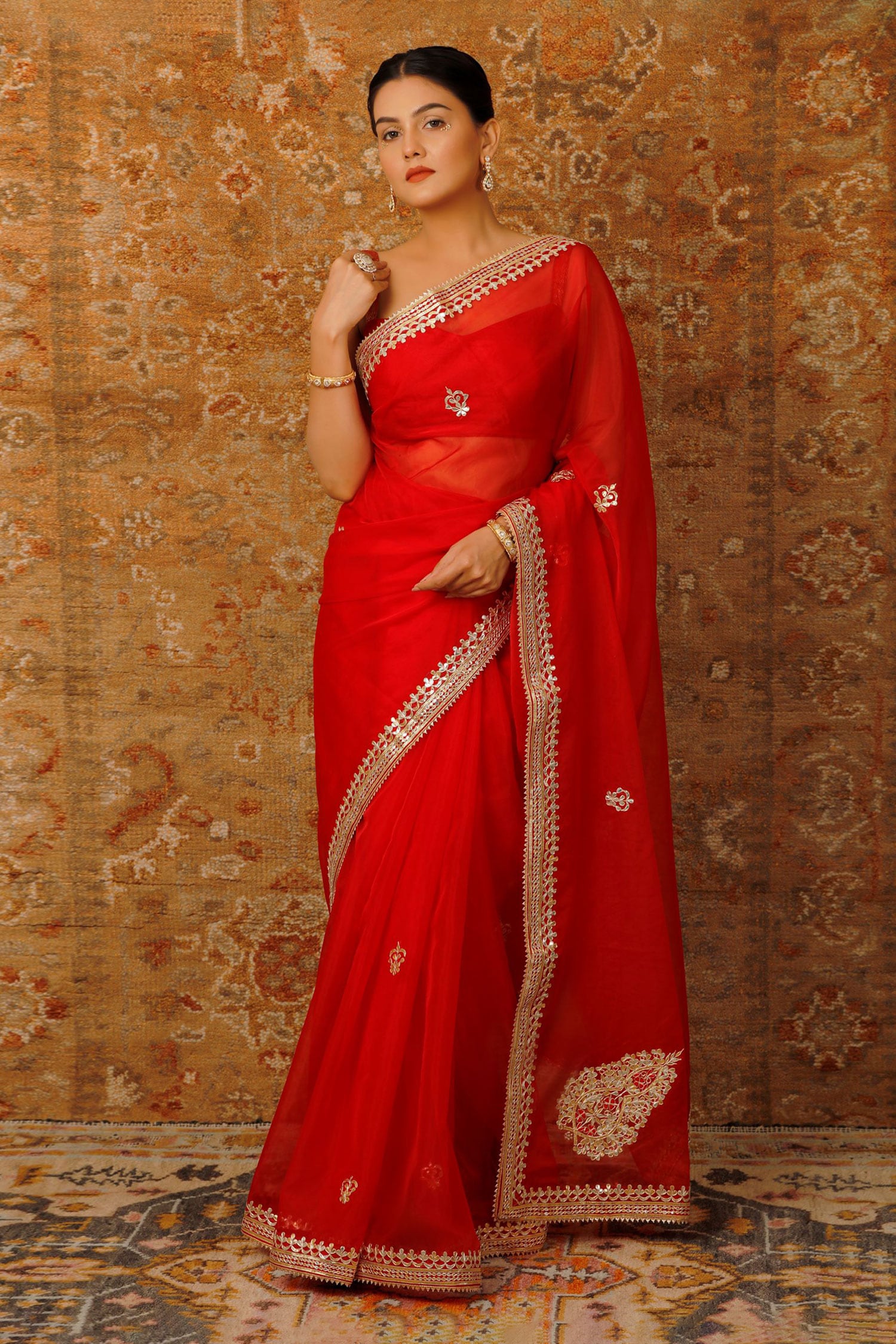 Buy Red Organza Hand Embroidered Gota Patti Work Saree With Unstitched Blouse Piece For Women by ...