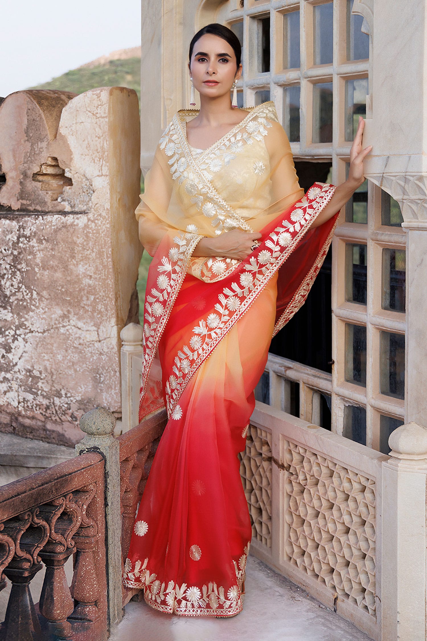 Buy Geroo Jaipur Yellow Organza Ombre Gota Work Saree With Unstitched ...