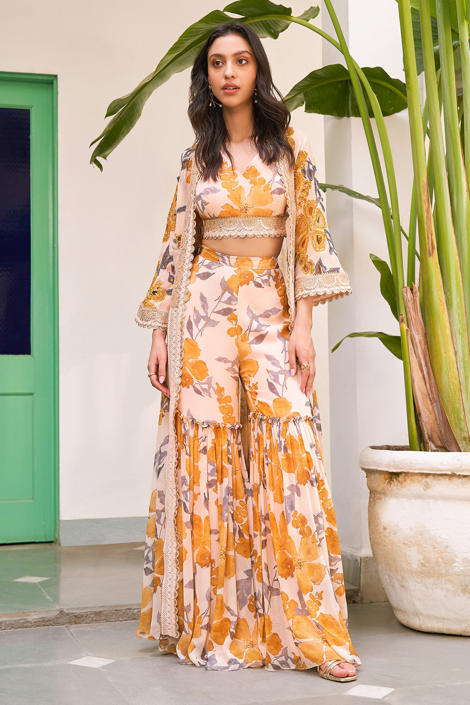 Buy Varun Bahl Yellow Georgette Floral Print Cape With Sharara Set ...