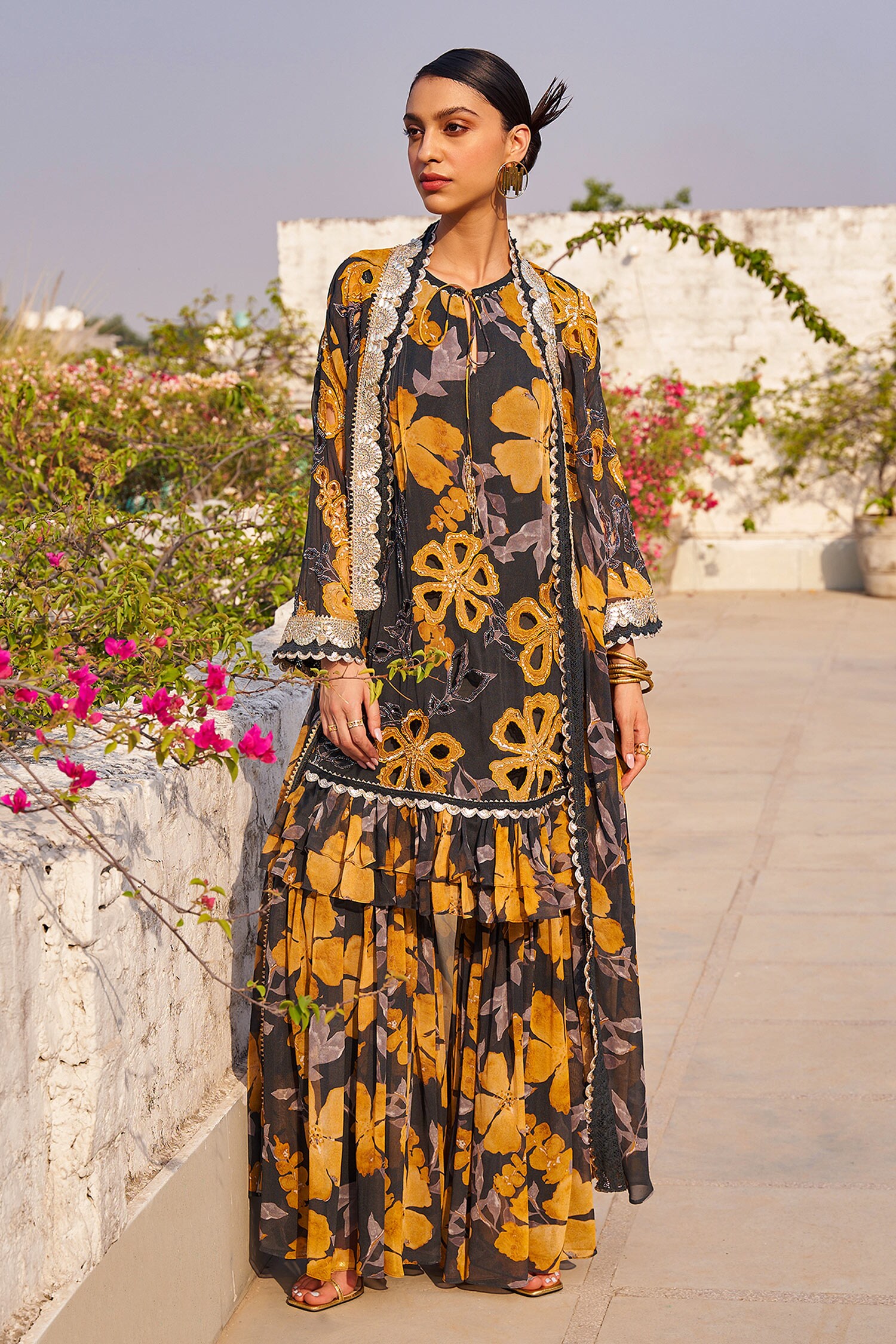Buy Varun Bahl Yellow Georgette Floral Print Sharara Set With Overlay ...