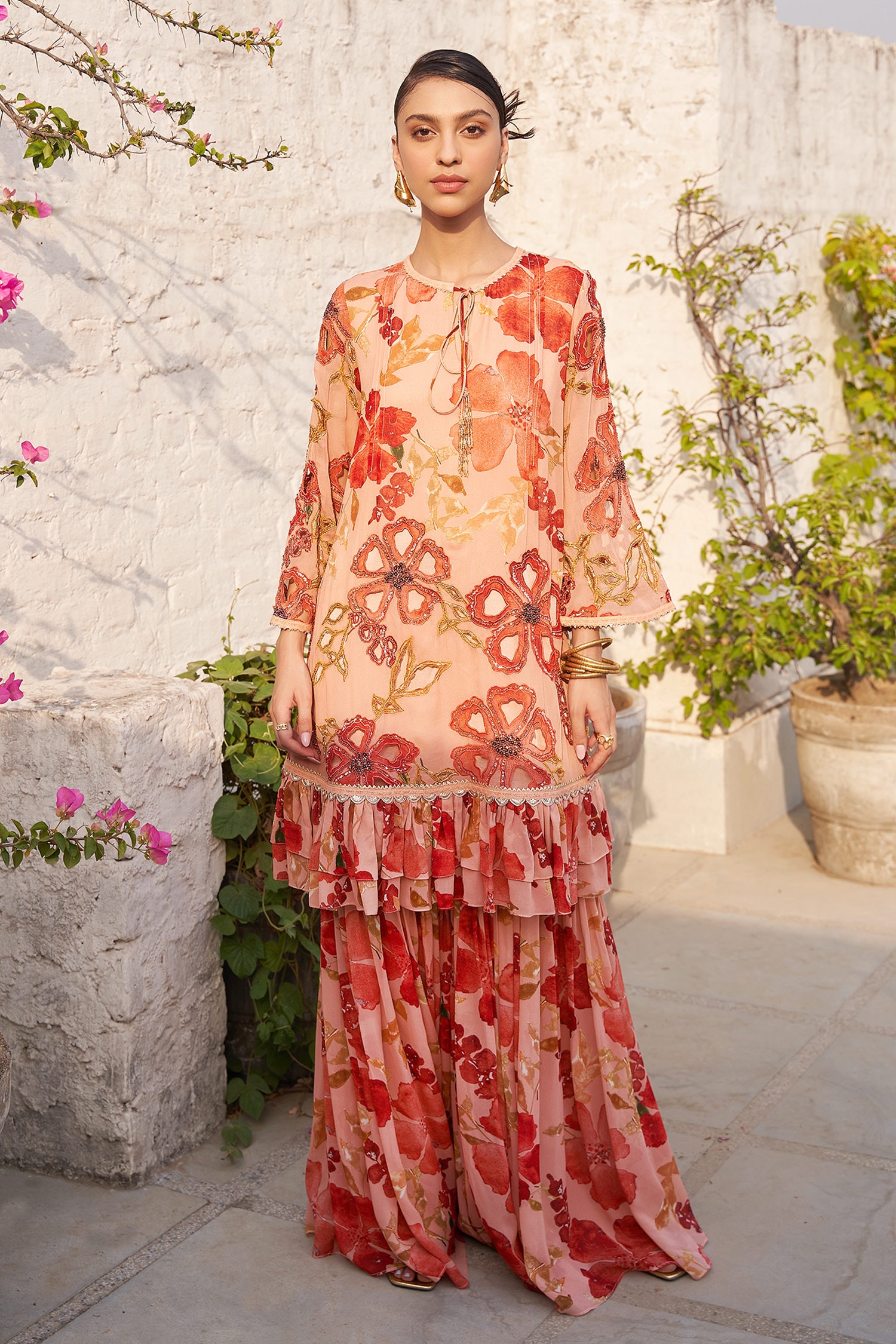 Buy Peach Tunic: Georgette Print Floral Round Neck Bloom With Sharara ...