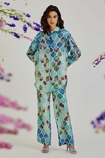 Buy Varun Bahl Blue Floral Moroccan Print Shirt With Trouser Online ...