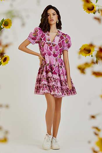 Buy Varun Bahl Pink Cotton Lurex Moroccan Print Fit And Flare Dress ...