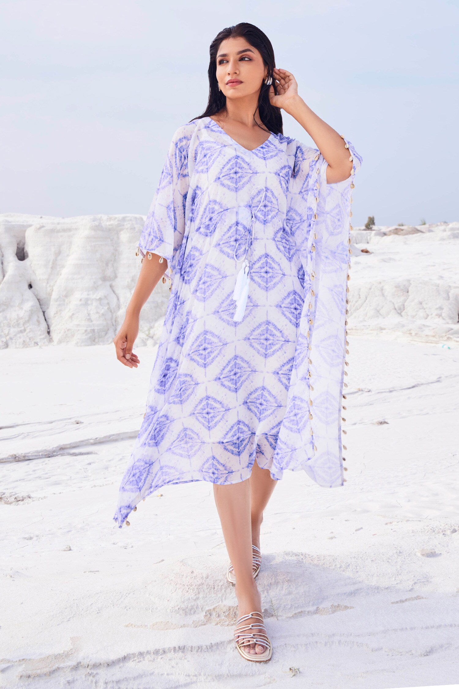 Buy Monk & Mei Purple Georgette Tie Dye Print Kaftan Online | Aza Fashions