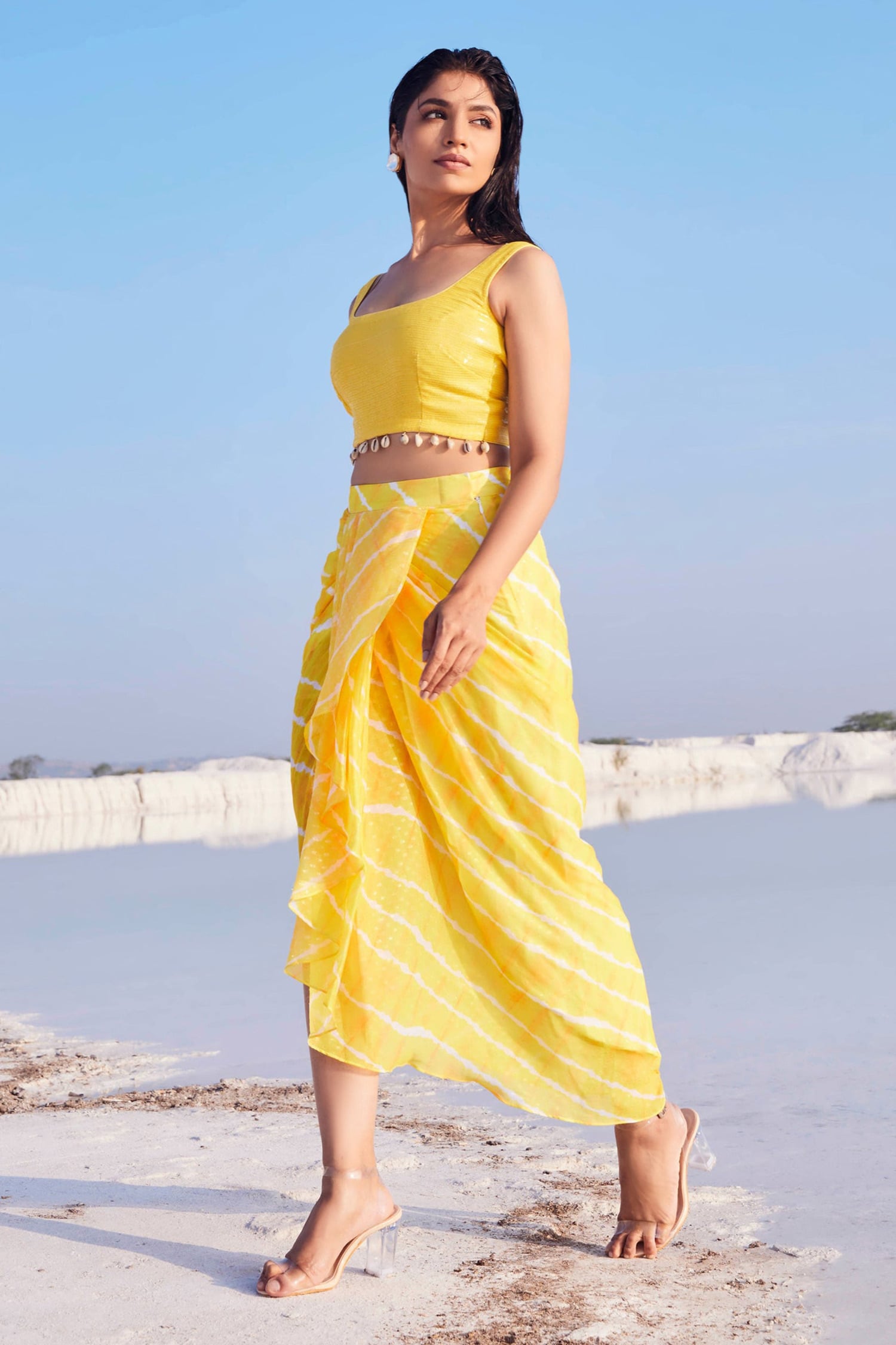 Buy Monk & Mei Yellow Gloria Sequin Blouse And Tie Dye Dhoti Skirt Set ...