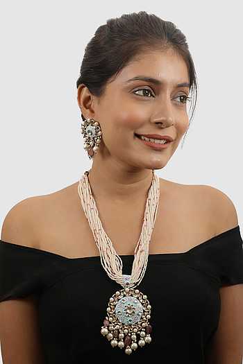 Buy Blue Real Jadtar Stones Mina Work Pendant Necklace Set by Riana ...