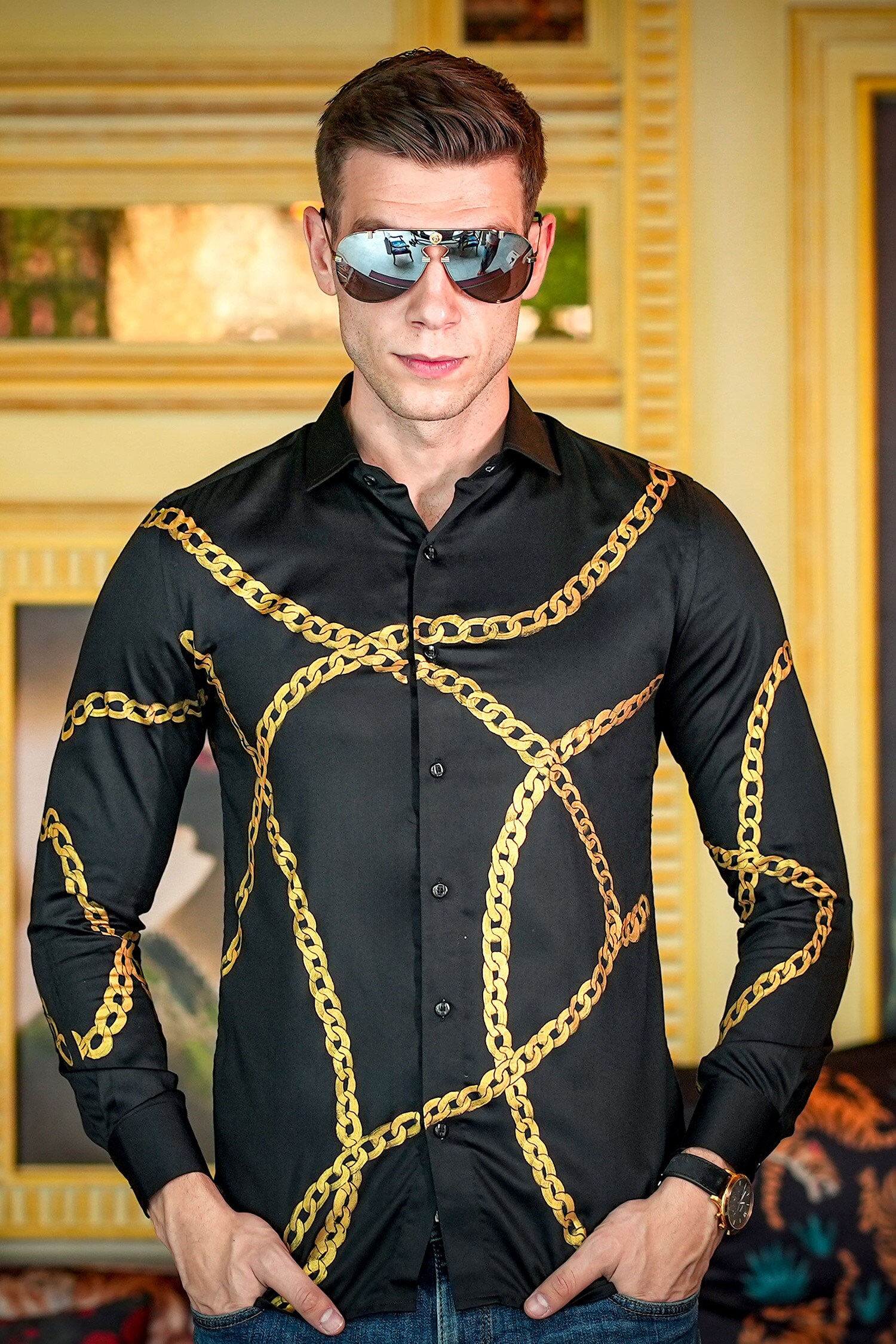 Buy Avalipt Black Cotton Blend Regal Chains Handpainted Shirt Online ...