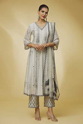 Buy Ivory Chanderi Silk Embroidered And Printed Mirror V Neck Anarkali ...
