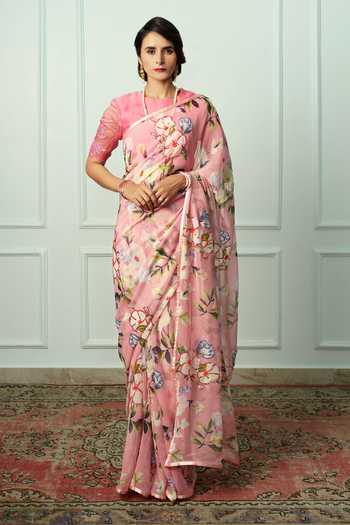 Buy Atelier Shikaarbagh Pink Indira Printed And Embroidered Saree With ...
