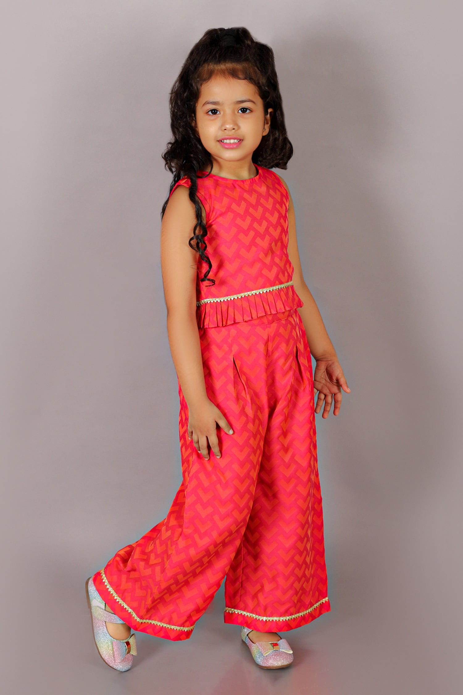 Buy Lil Drama Pink Folklore Geometric Pattern Crop Top And Pant Set For ...