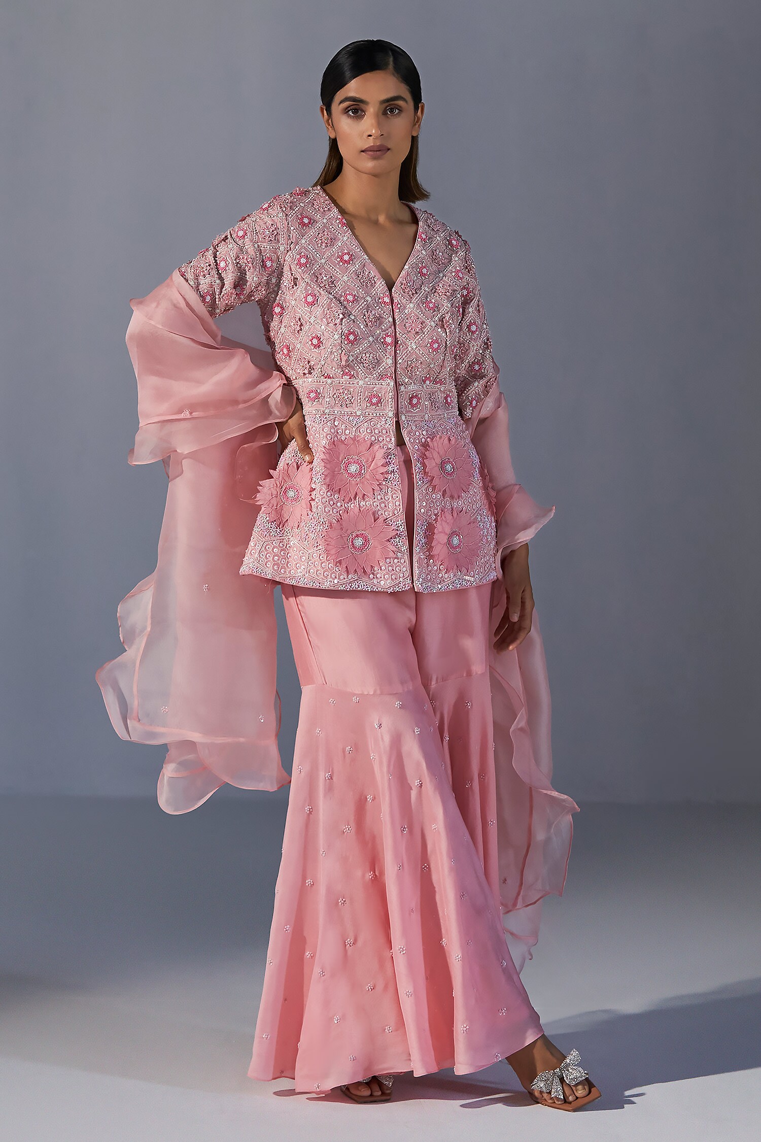 Buy Pink Silk Embroidered 3d Floral Embellished Peplum Top Sharara Set ... Buy Pink Silk Embroidered 3d Floral Embellished Peplum Top Sharara Set ...