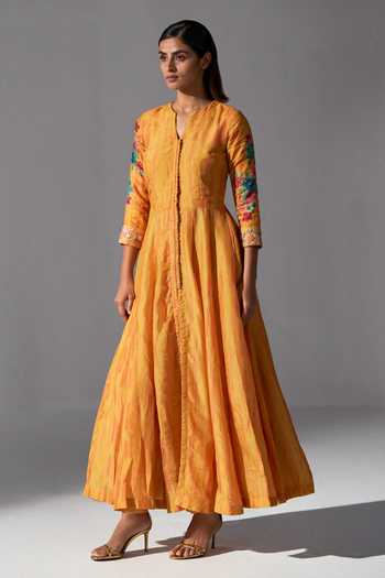 Buy Yellow Bemberg Silk Printed Floral Notched Flared Angarkha With ...