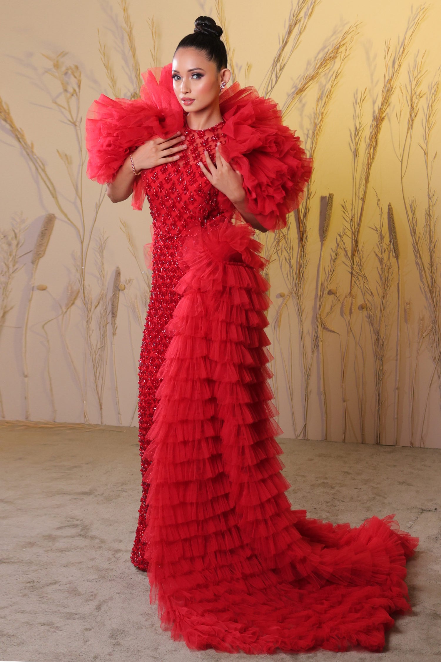 Buy Red Tulle Hand Embroidered Crystal Agnes Bejewelled Ruffle Trail ...