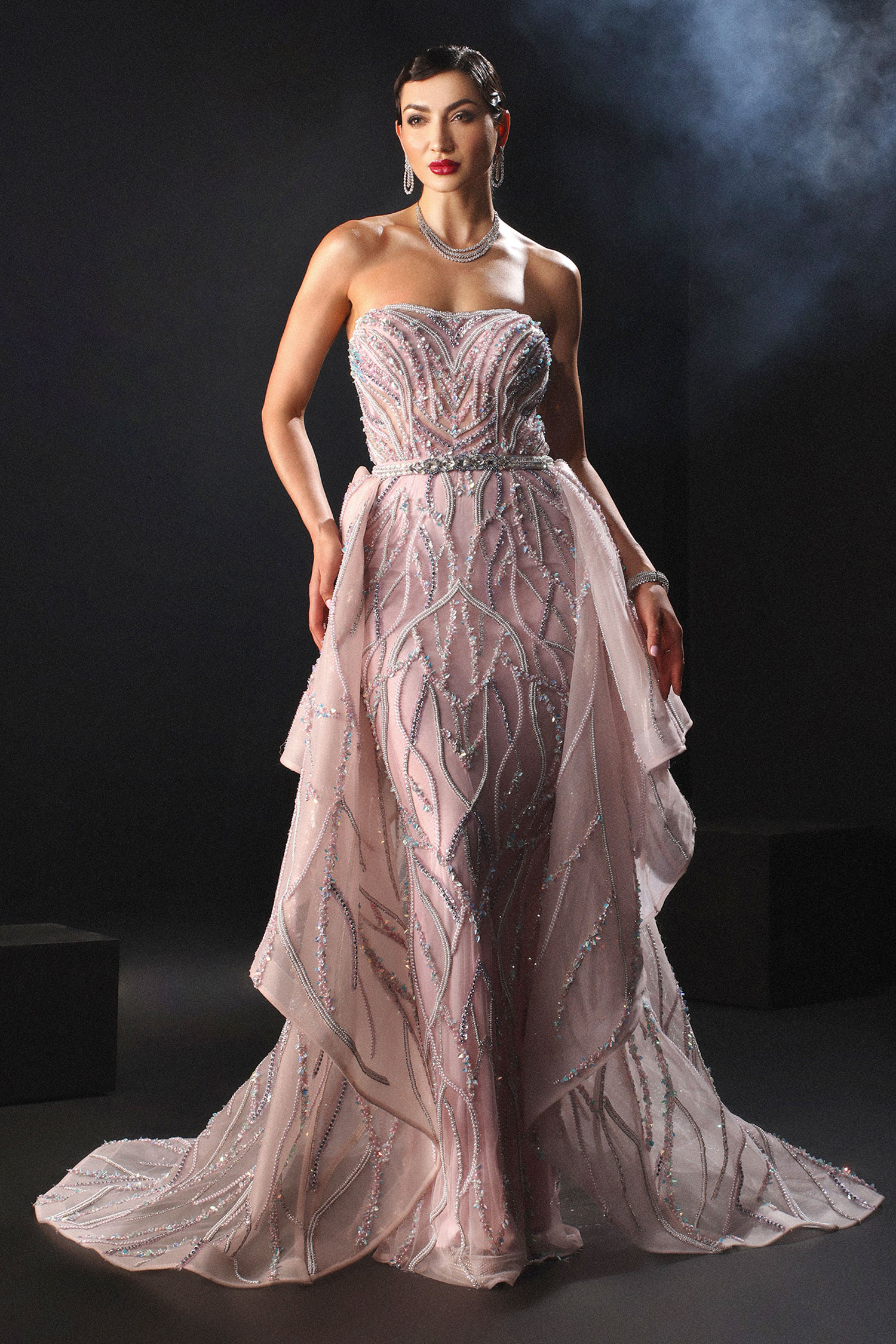 Buy Pink Tulle Hand Embroidered Linear Pattern Marina Gown With Trail ...