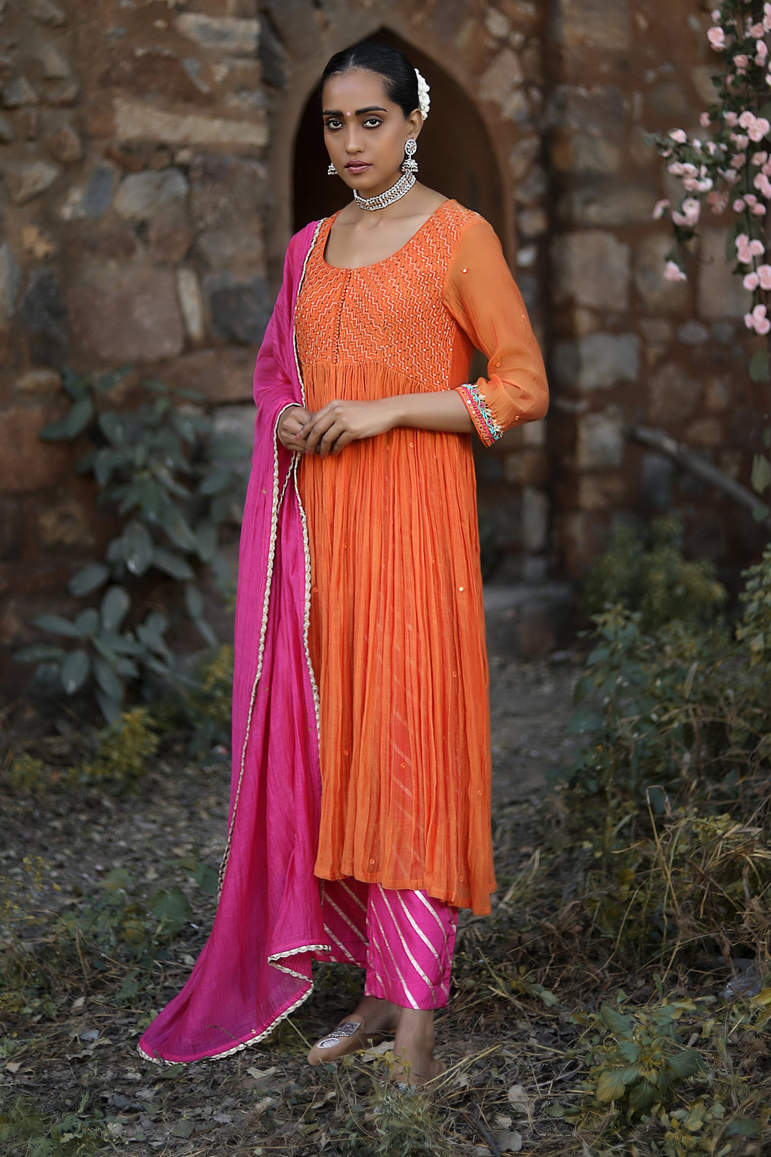 Buy Label Kinjal Modi Orange Fine Chanderi Sleeve Hem Work Anarkali ...