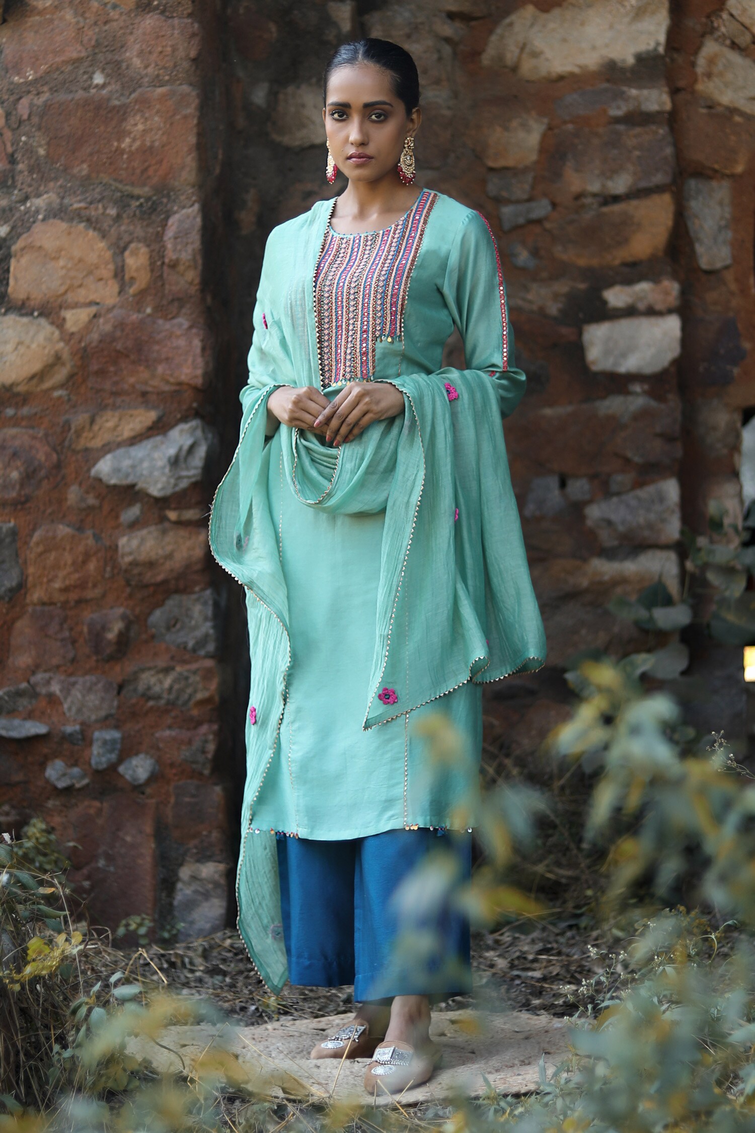 Buy Green Chanderi Embroidered Sequins Round Thread Kurta Pant Set For ...