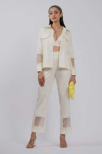 Buy Off White Cotton Embroidery Sequin Applique Pee A Boo Pant Set For ...