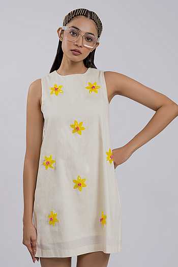 Buy The Dramebaaz Co Off White Sunset Reverie Cotton Embellished Dress ...
