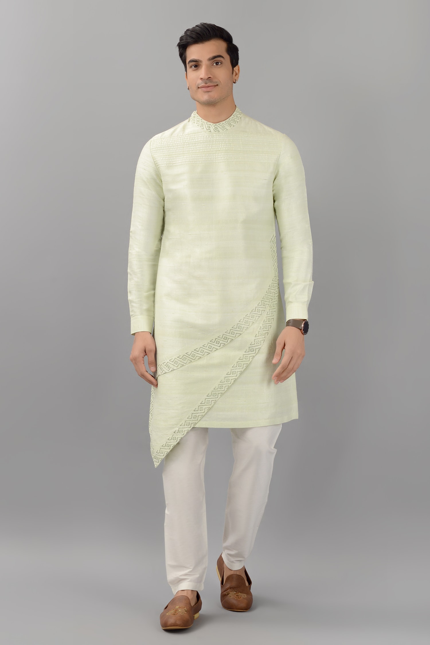Buy Siddhesh Chauhan Green Raw Silk Texture Work Layered Kurta And Pant ...