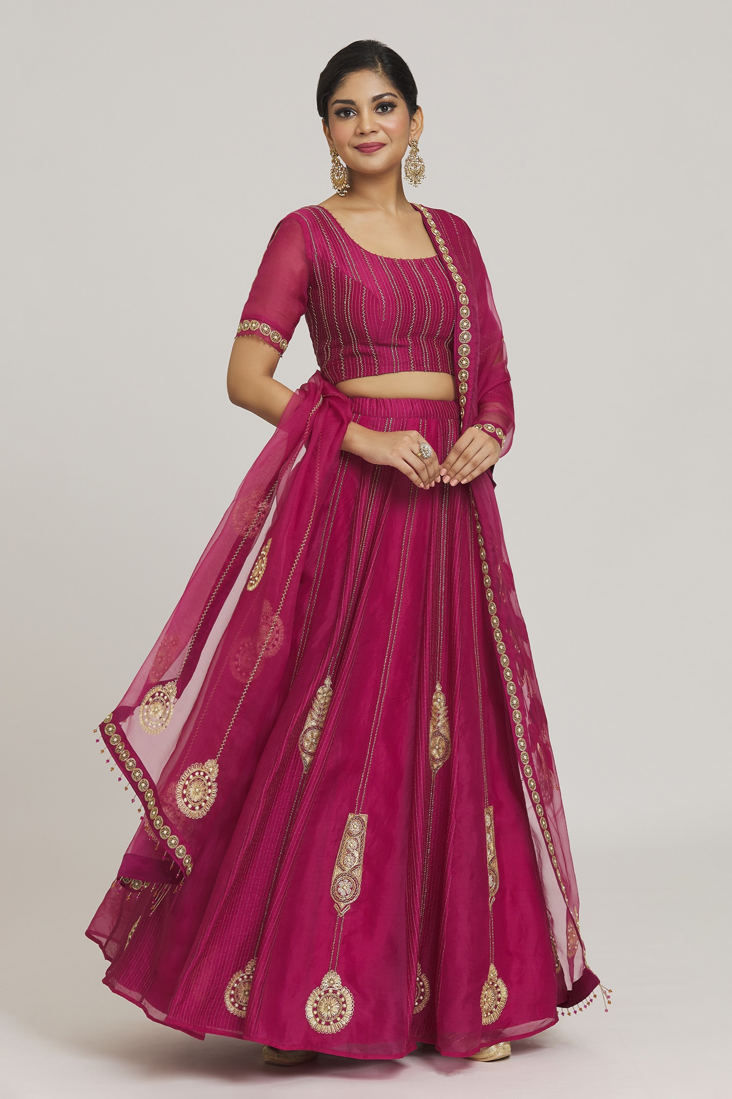 Buy Sozenkari Pink Pure Organza Filigree Embroidered Pattern Lehenga ...