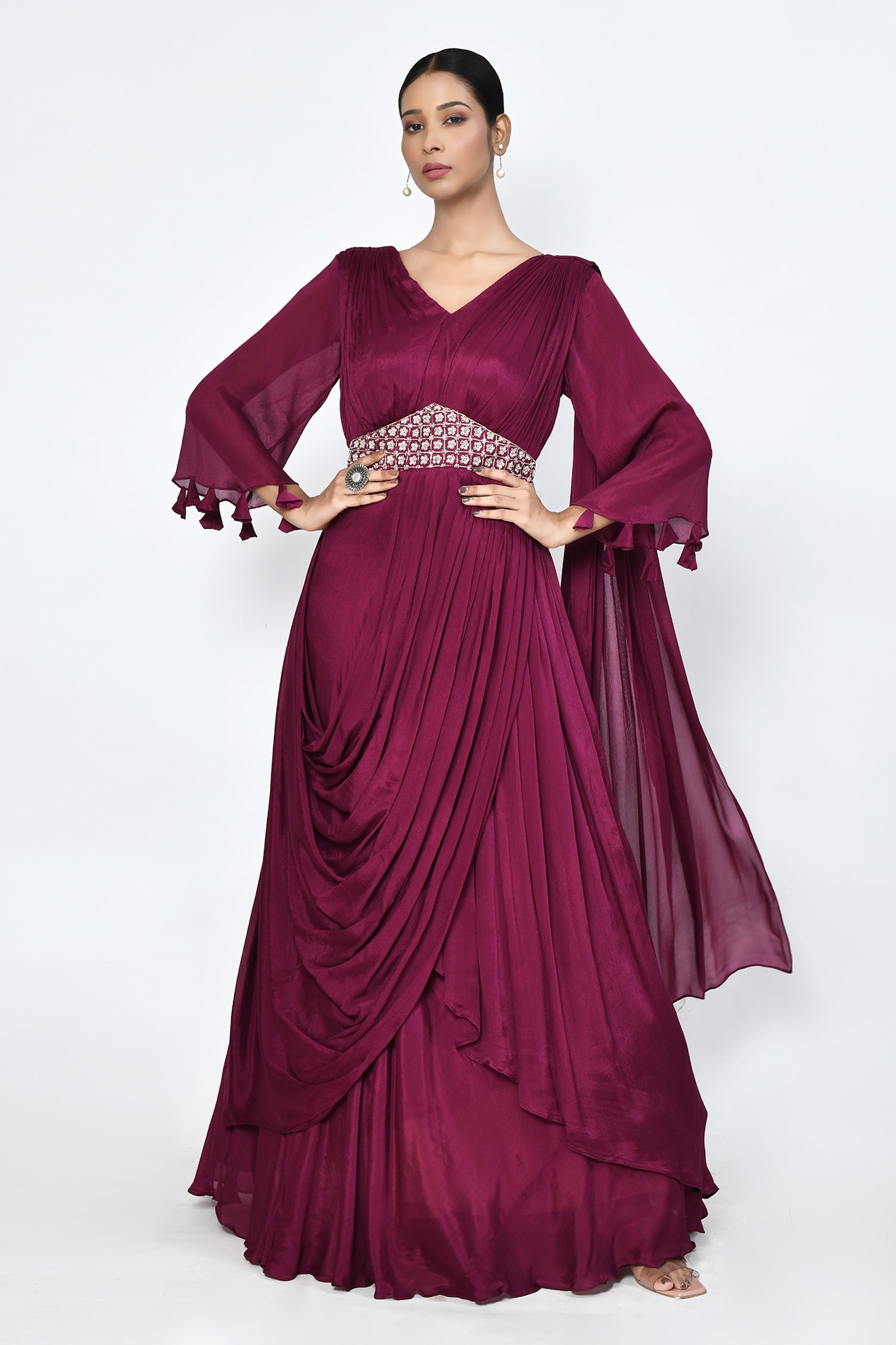Buy Maroon Chinon Hand Work Floral V Neck Draped Saree Gown For Women ... Buy Maroon Chinon Hand Work Floral V Neck Draped Saree Gown For Women ...