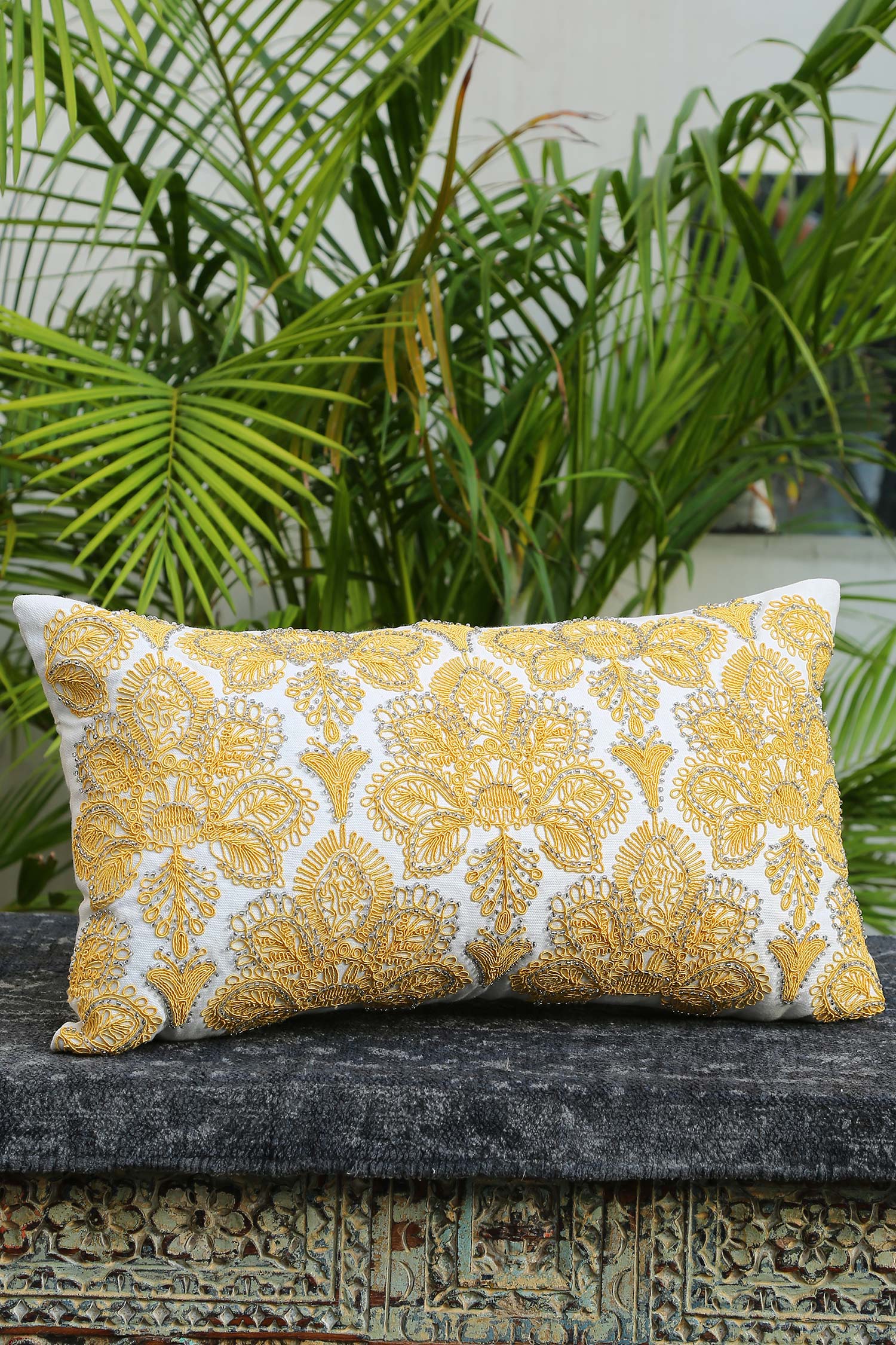 Buy Amoli Concepts Cotton Moghul Flower Embroidered Cushion Cover ...