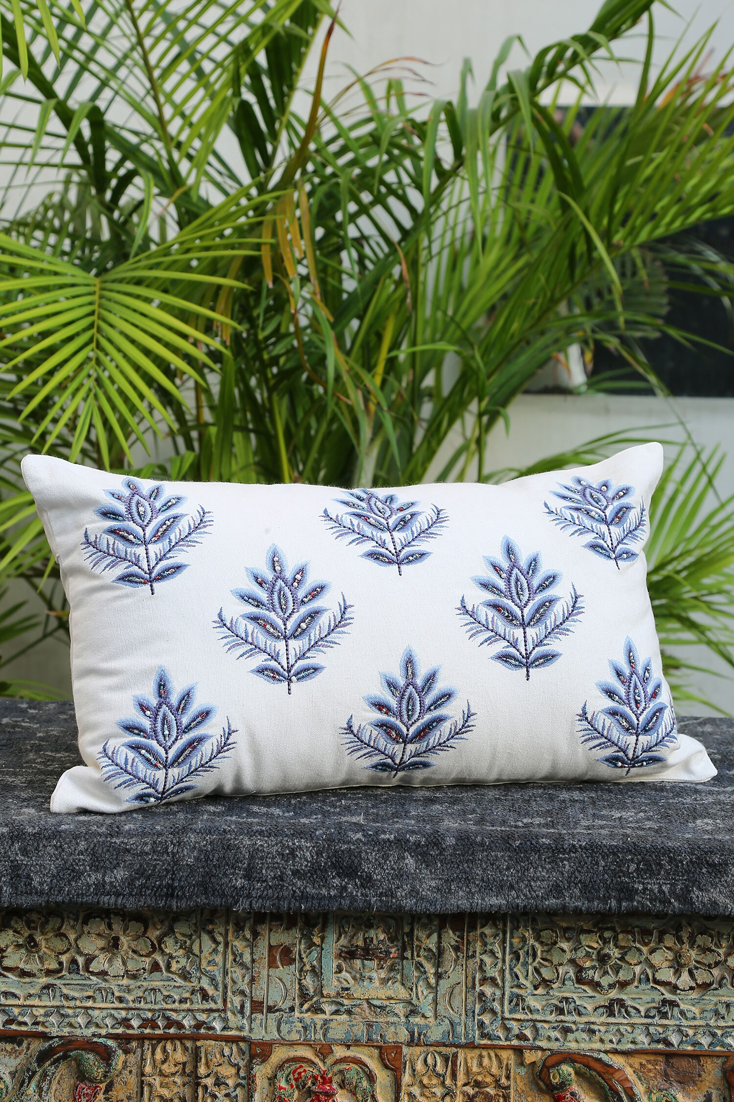 Buy Amoli Concepts Cotton Flower Embroidered Cushion Cover Online | Aza ...