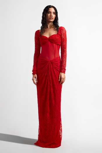 Buy Red Embroidery Sweetheart Neck Kat Draped Dress For Women by Deme ...