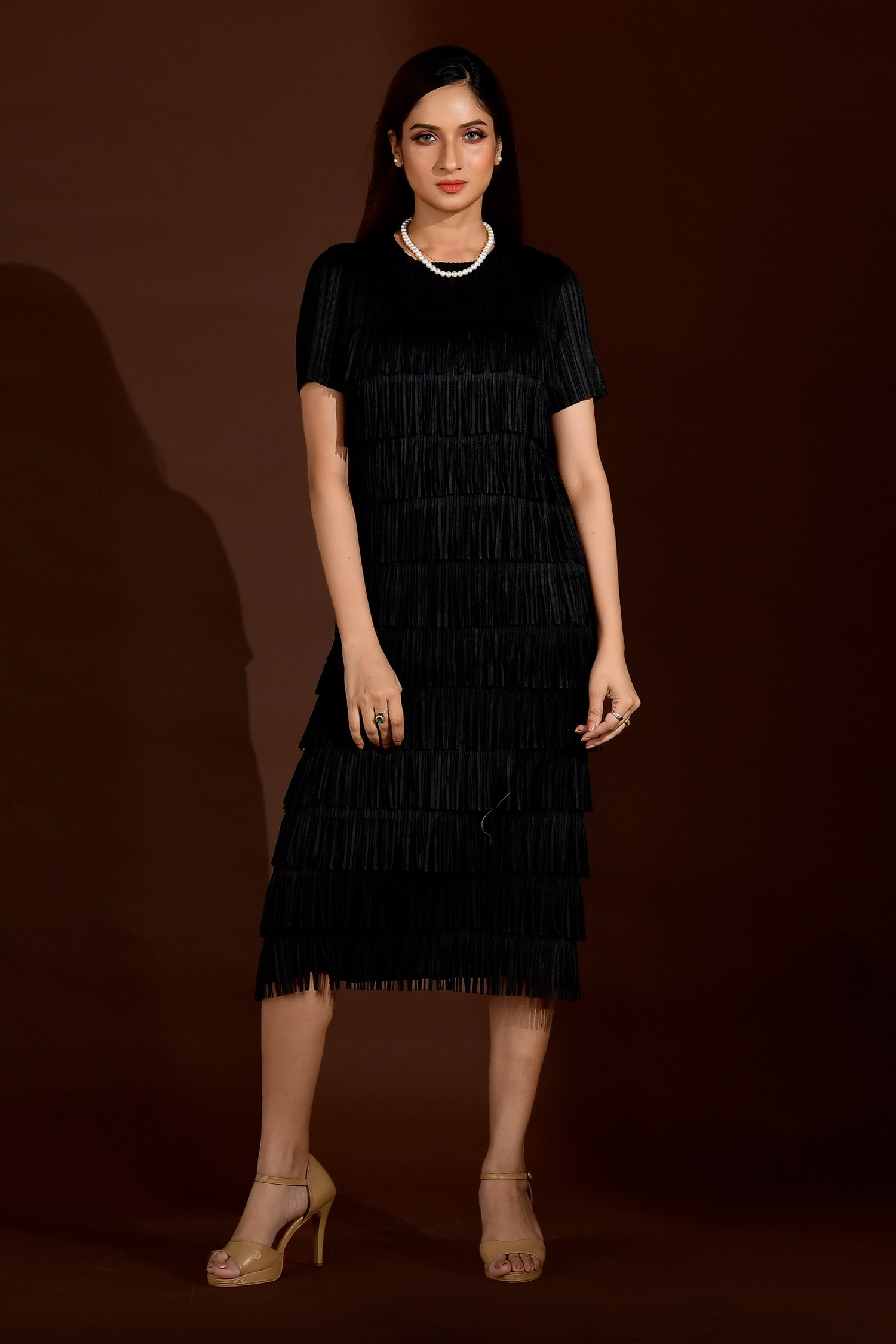 Buy Crimp Black Polyester Tiered Fringe Dress Online | Aza Fashions