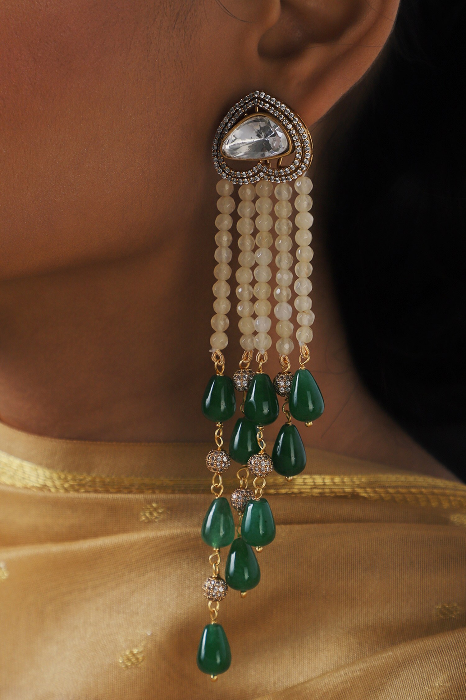 Buy Green Lemon Yellow Agate Beads Kundan Dangler Earrings by joules by ...