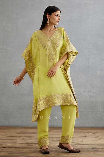 Buy Torani Yellow Silk Crepe Gul Mina Aaira Embroidered Kaftan And Pant ...