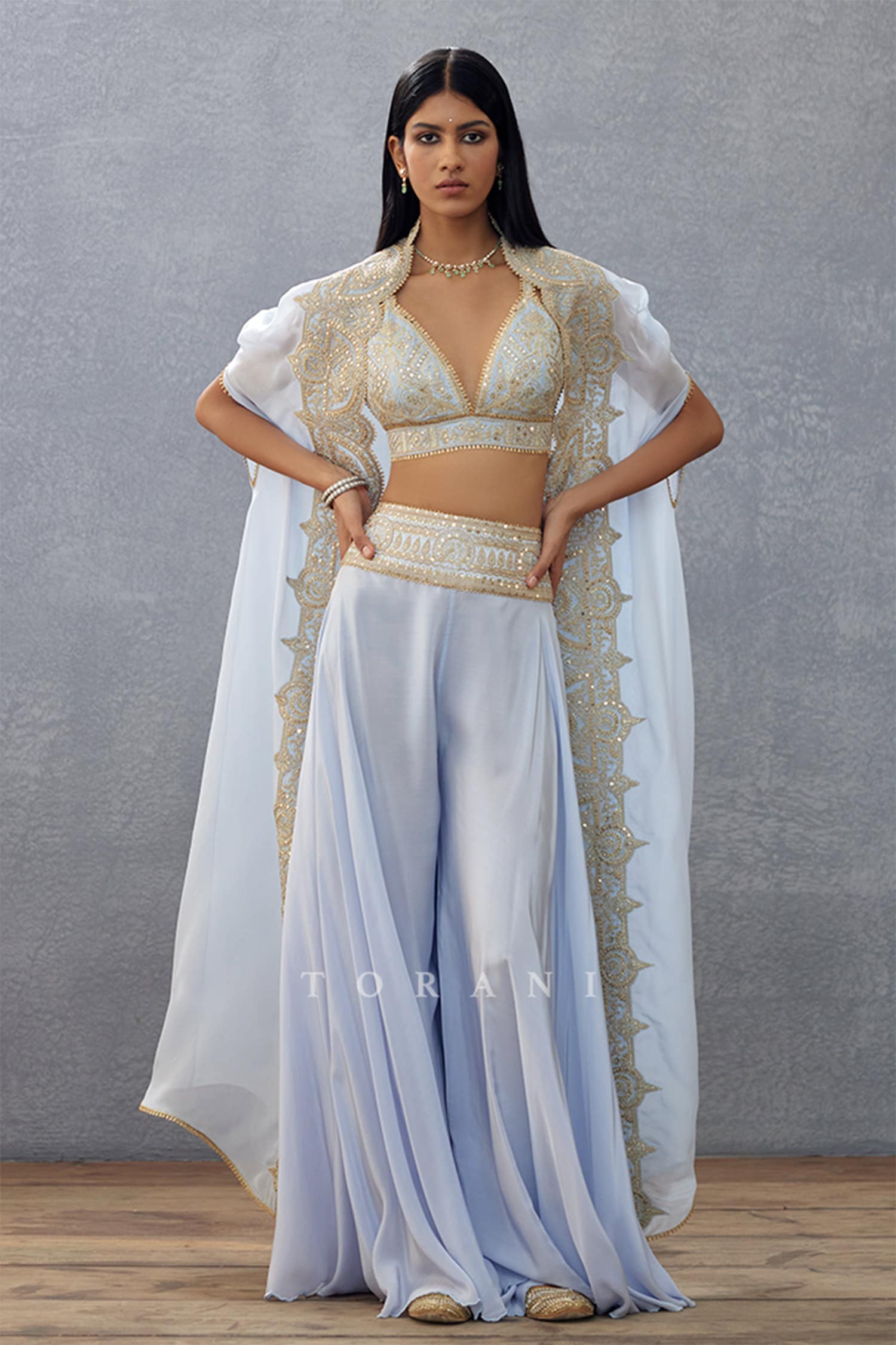 Buy Torani Blue Silk Organza Gul Nilofer Mehreen Embroidered Choga Pant ...