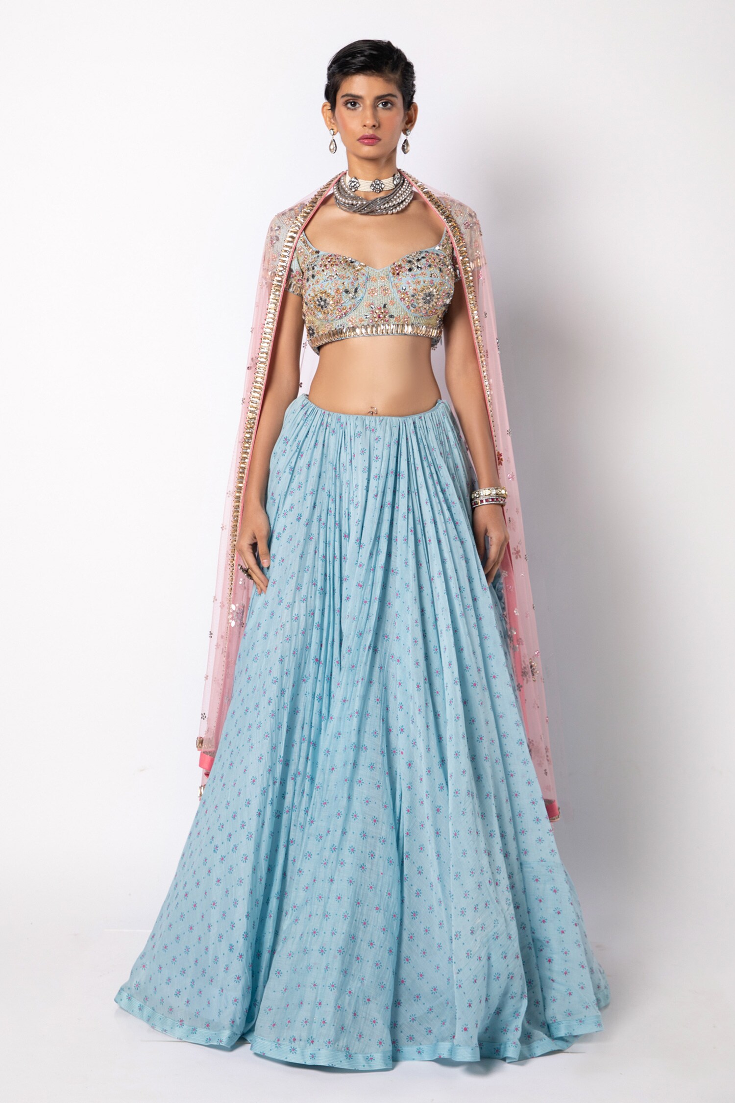 Buy Blue Lehenga And Blouse: 45 Gm Chanderi Silk Block Print Hand Set ...
