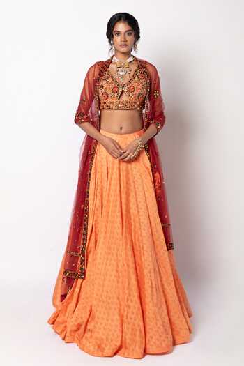 Buy Labbada Orange Gm Chanderi Silk Block Print Lehenga And Hand ...