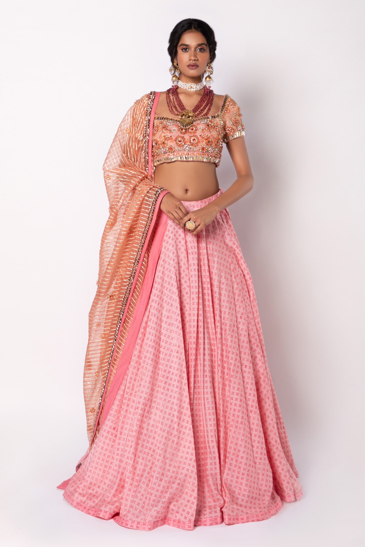 Buy Pink 60 Gm Chanderi Silk: Lehenga And Block & Floral Embroidered ...
