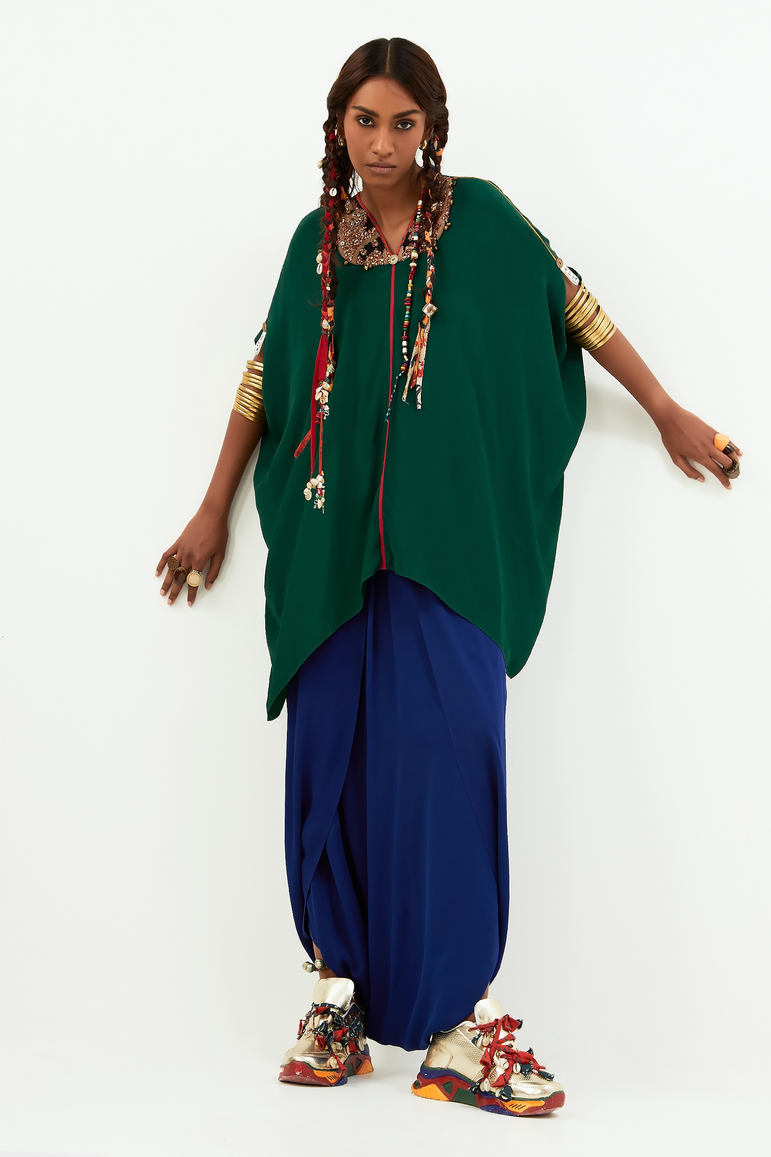 Buy Green Natural Crepe Embellished Bead V Neck Fizaa Embroidered Tunic ...