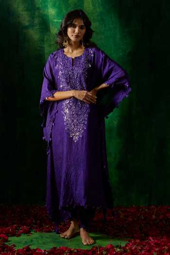 Buy Purple Silk Embroidered Sequins Notched Yoke Kaftan And Dhoti Pant ...