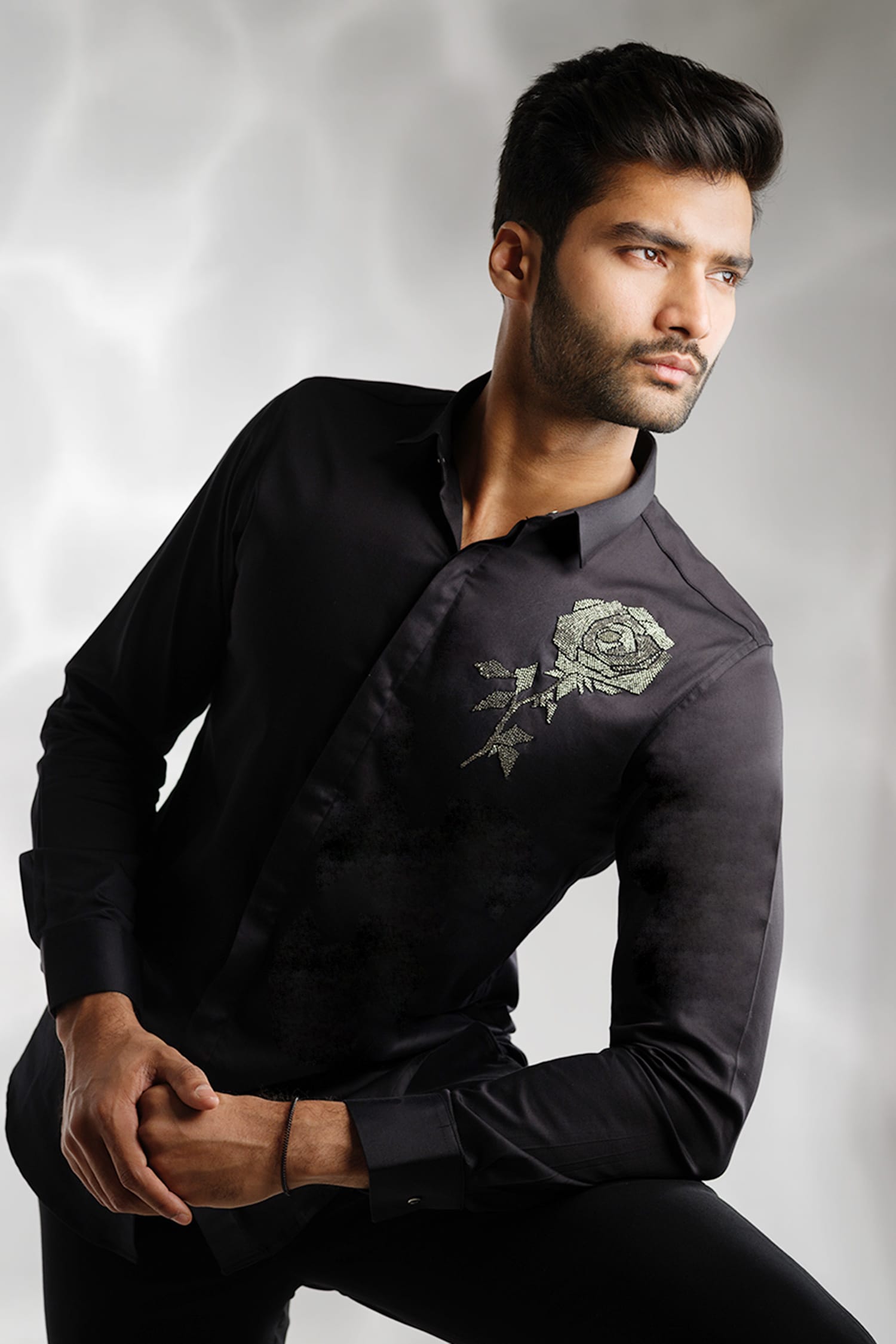 Buy Sanjana Reddy Black Rose Embroidered Cotton Shirt Online | Aza Fashions