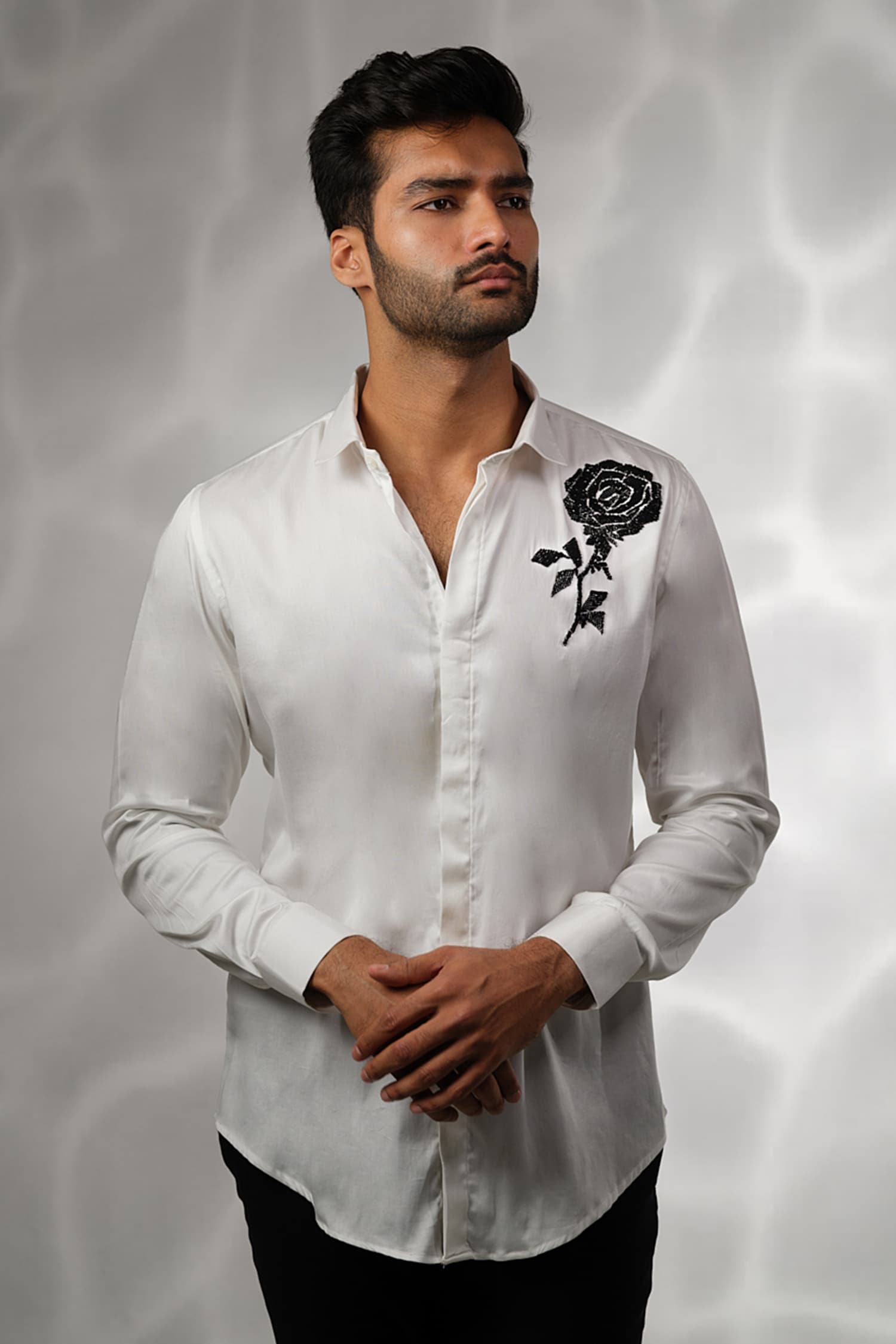 Buy White Cotton Hand Embroidered Cutdana Rose Shirt For Men by Sanjana ...