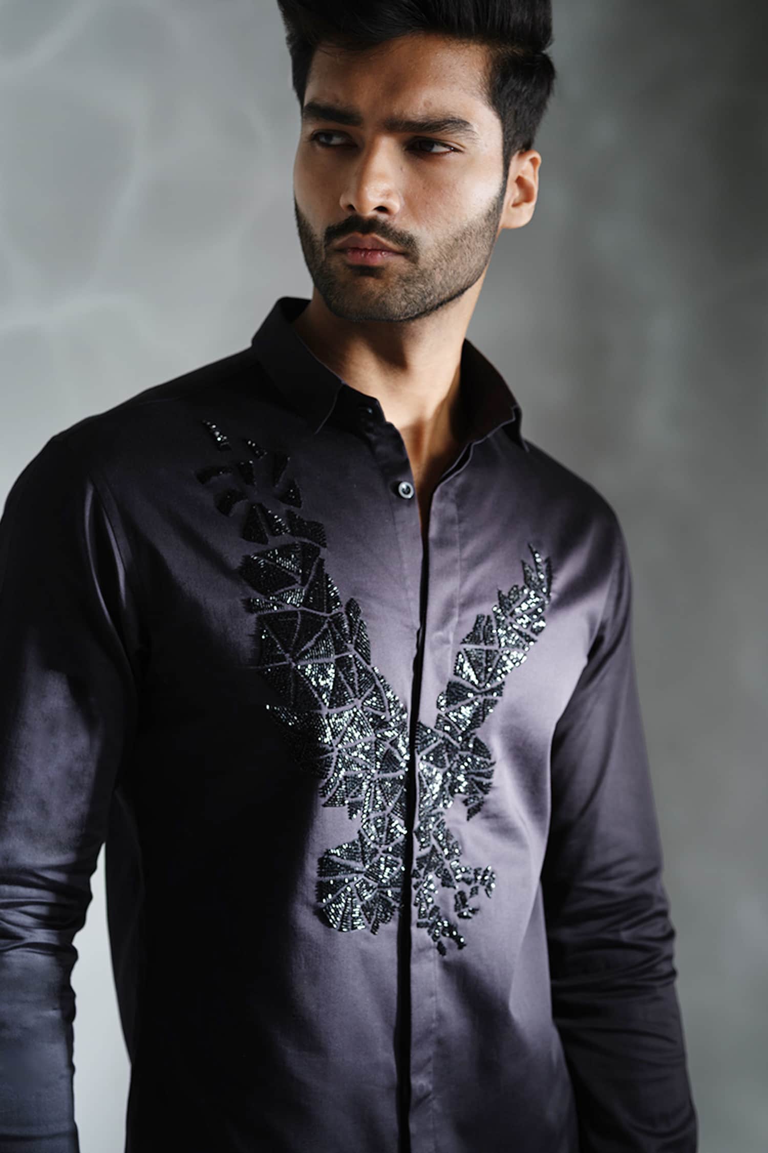 Buy Black Cotton Hand Embroidered Cutdana Eagle Shirt For Men by ...