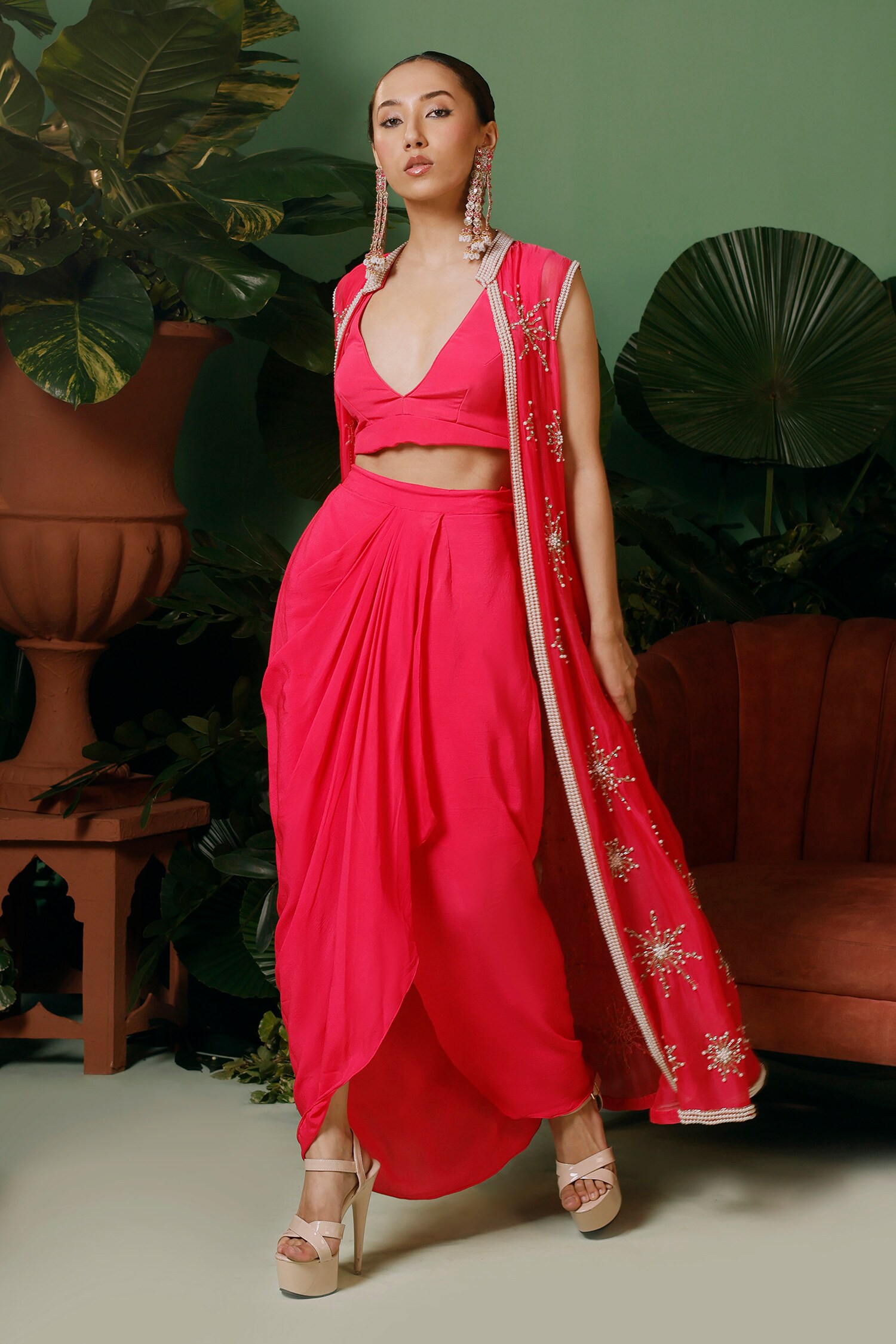 Buy Midushi Bajoria Pink Pearl Embroidered Jacket And Draped Skirt Set ...