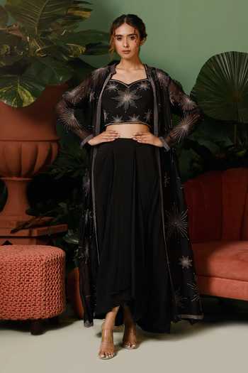 Buy Midushi Bajoria Black Stone Embroidered Jacket And Draped Skirt Set ...