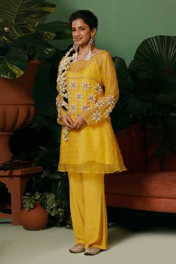 Buy Midushi Bajoria Yellow Pearl Embroidered Top And Pant Set Online ...