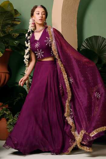 Buy Midushi Bajoria Purple Organza Hand Embellished Blouse Lehenga Set ...