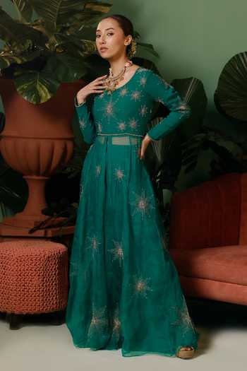 Buy Midushi Bajoria Green Organza Hand Embroidered Anarkali Jacket And ...