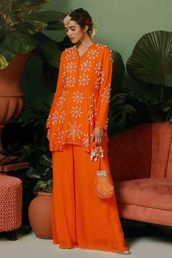 Buy Midushi Bajoria Orange Georgette Hand Embellished Kurta And Palazzo ...