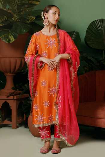 Buy Midushi Bajoria Orange Silk Chanderi Hand Work Kurta Pant Set ...